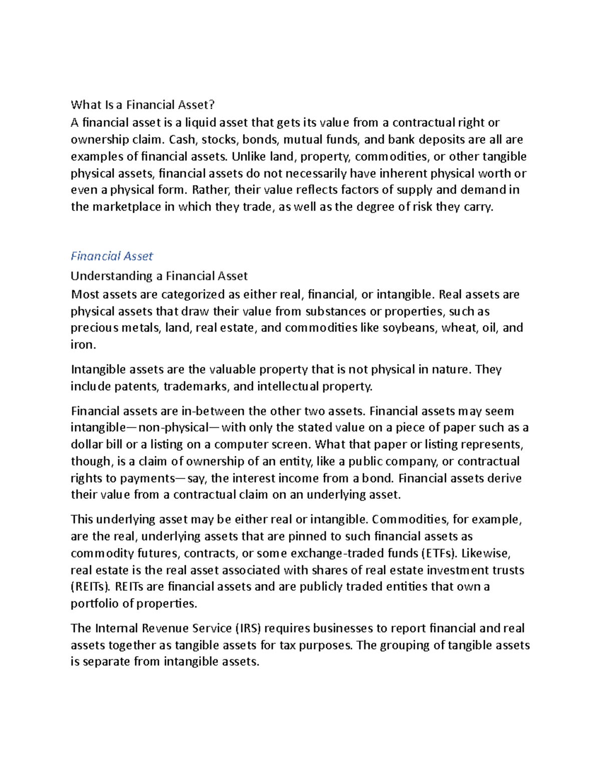 Understanding Financial Assets: Key Properties & Types Explained - Studocu