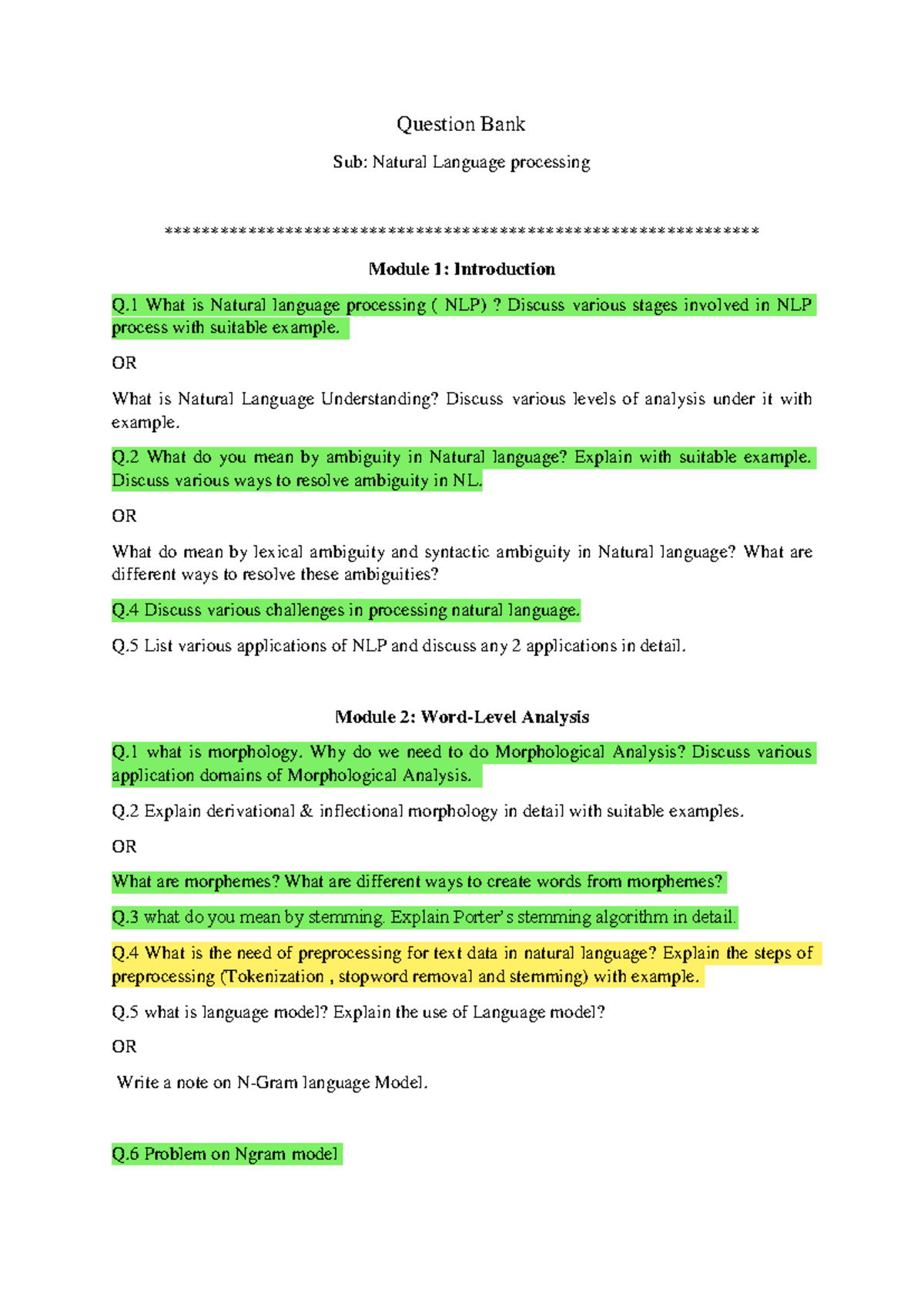 NLP-QB: Module 1 & 2 Question Bank on Natural Language Processing - Studocu