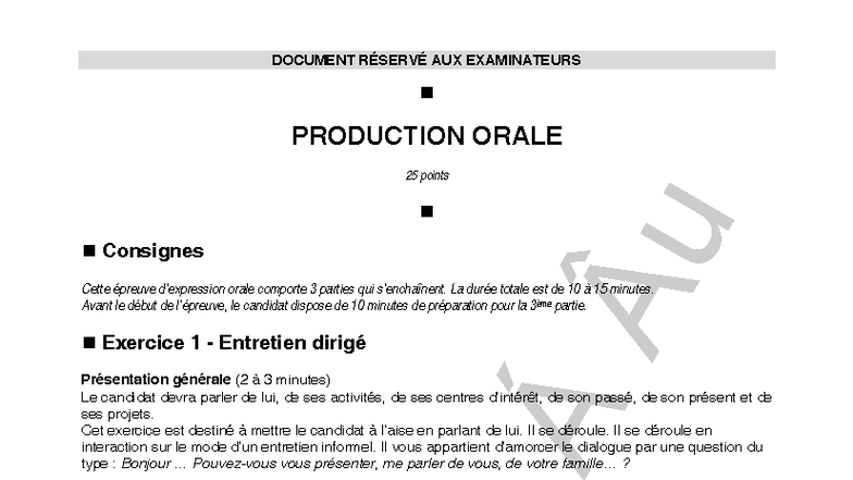 DELF B1 - Production Orale: Consignes et Exercices (25 pts) - Studocu