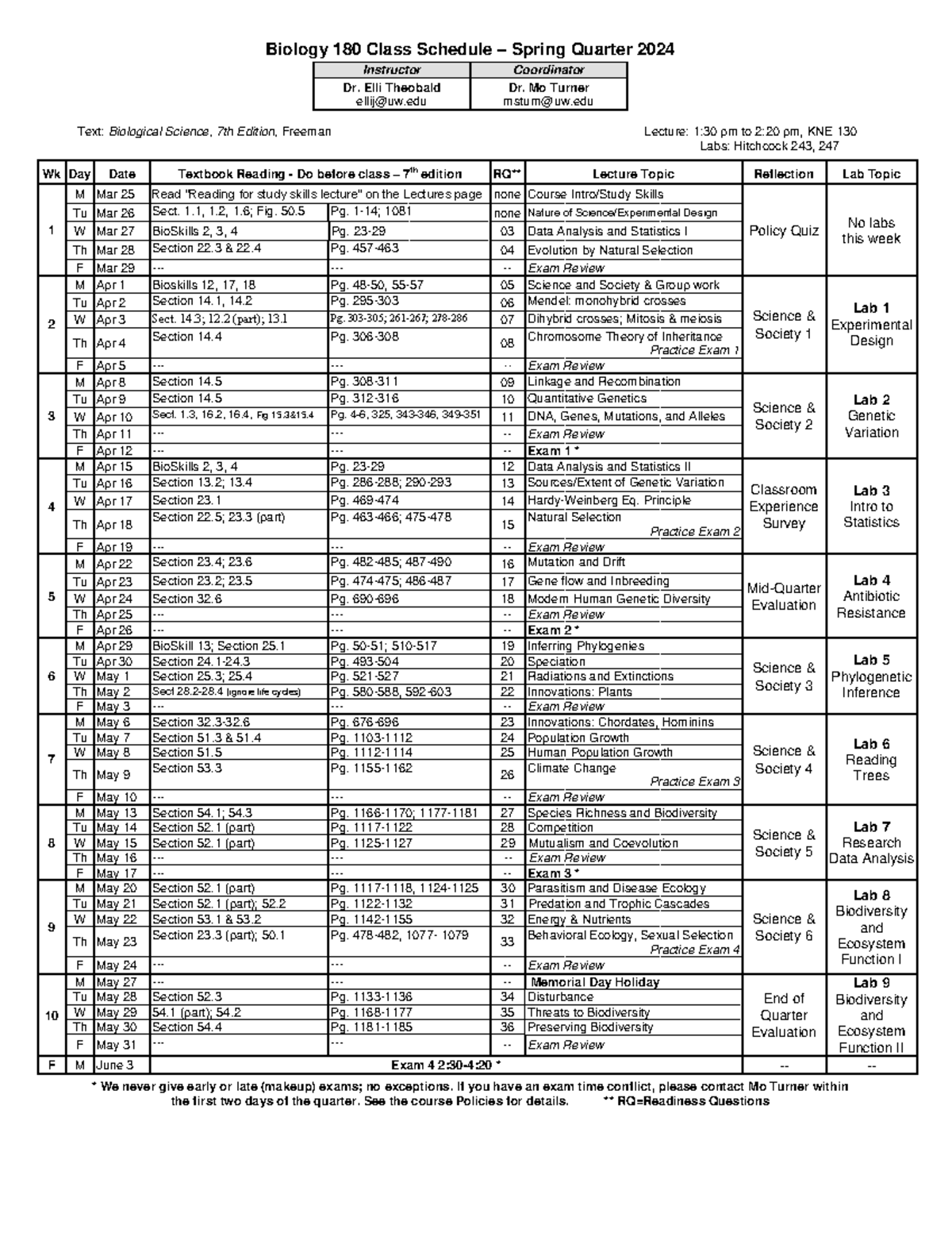 Biology 180 Syllabus - Spring 2024 Class Schedule Overview - Studocu
