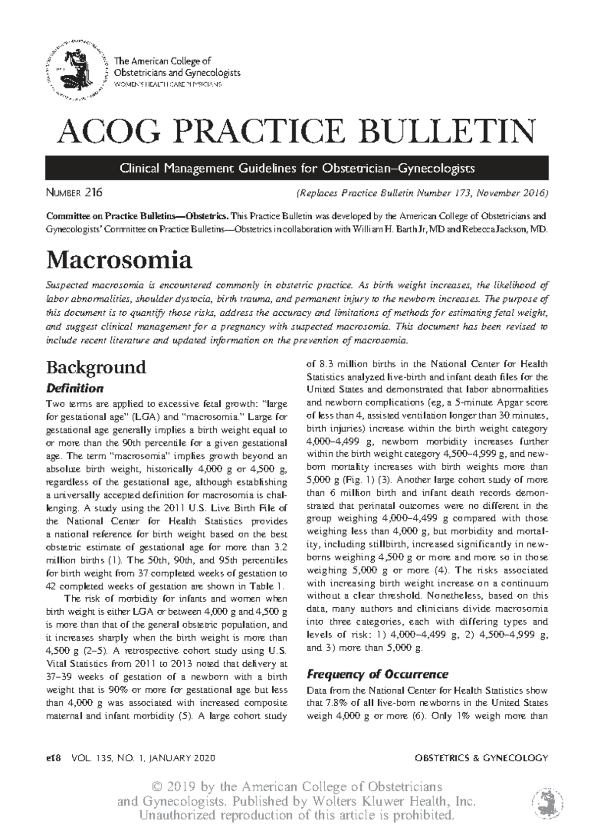 ACOG Practice Bulletin No. 216: Clinical Guidelines on Macrosomia - Studocu