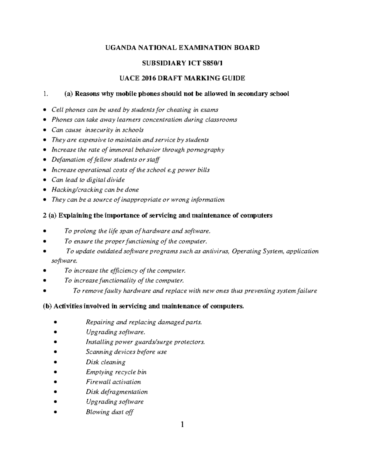 UNEB Subsidiary ICT S850-1 2016 Marking Guide: Key Concepts & Practices ...