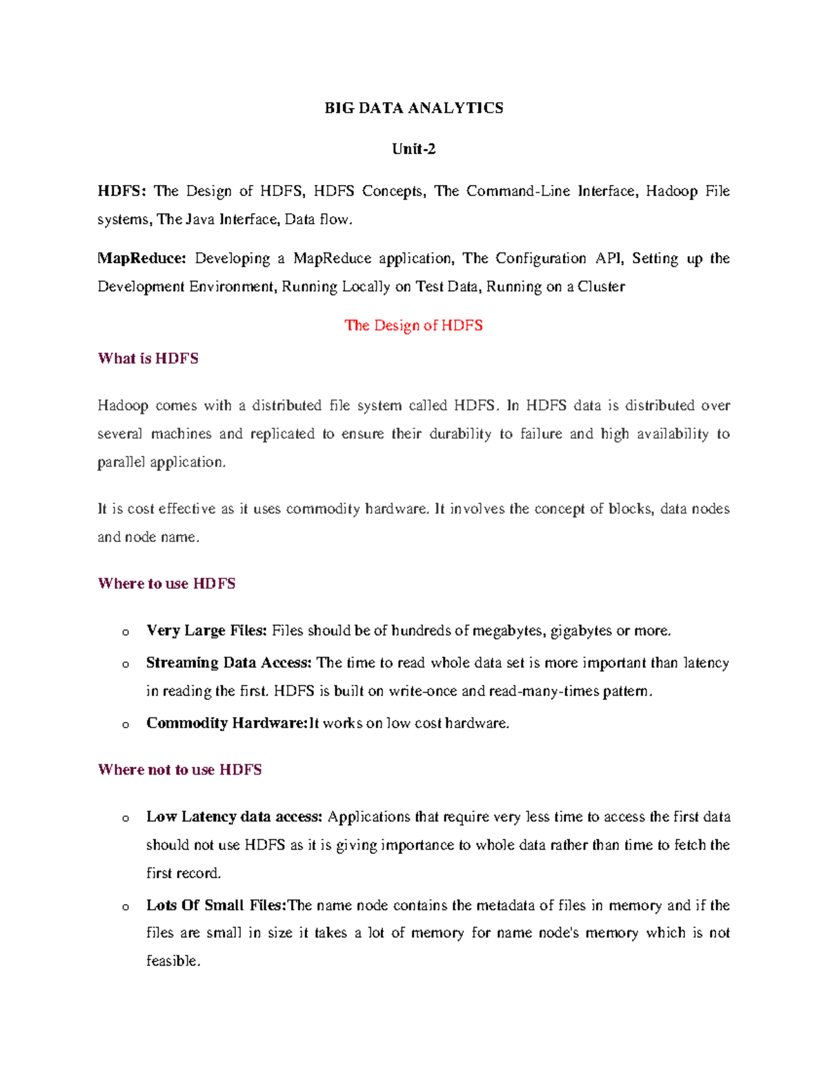 BDA Unit-2: Understanding HDFS and MapReduce Concepts - Studocu