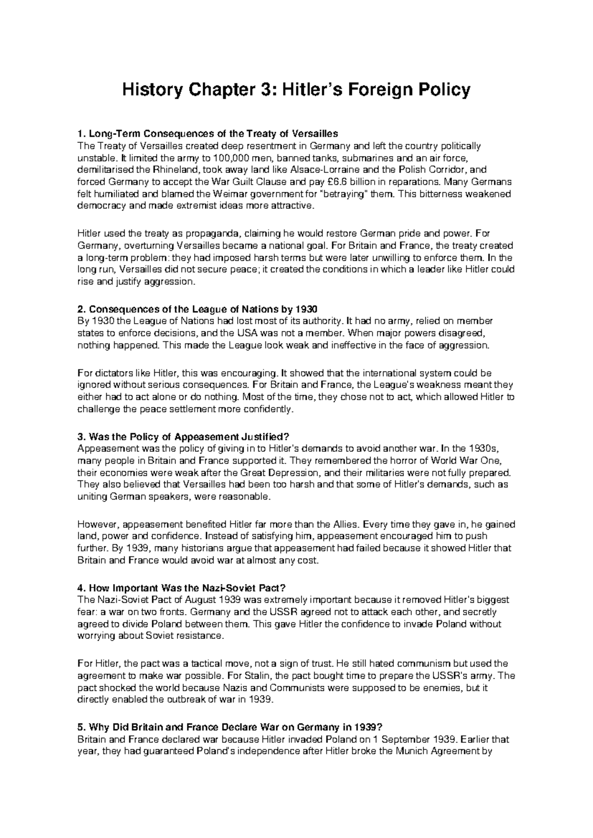 History Chapter 3: Hitler's Foreign Policy and Its Consequences - Studocu