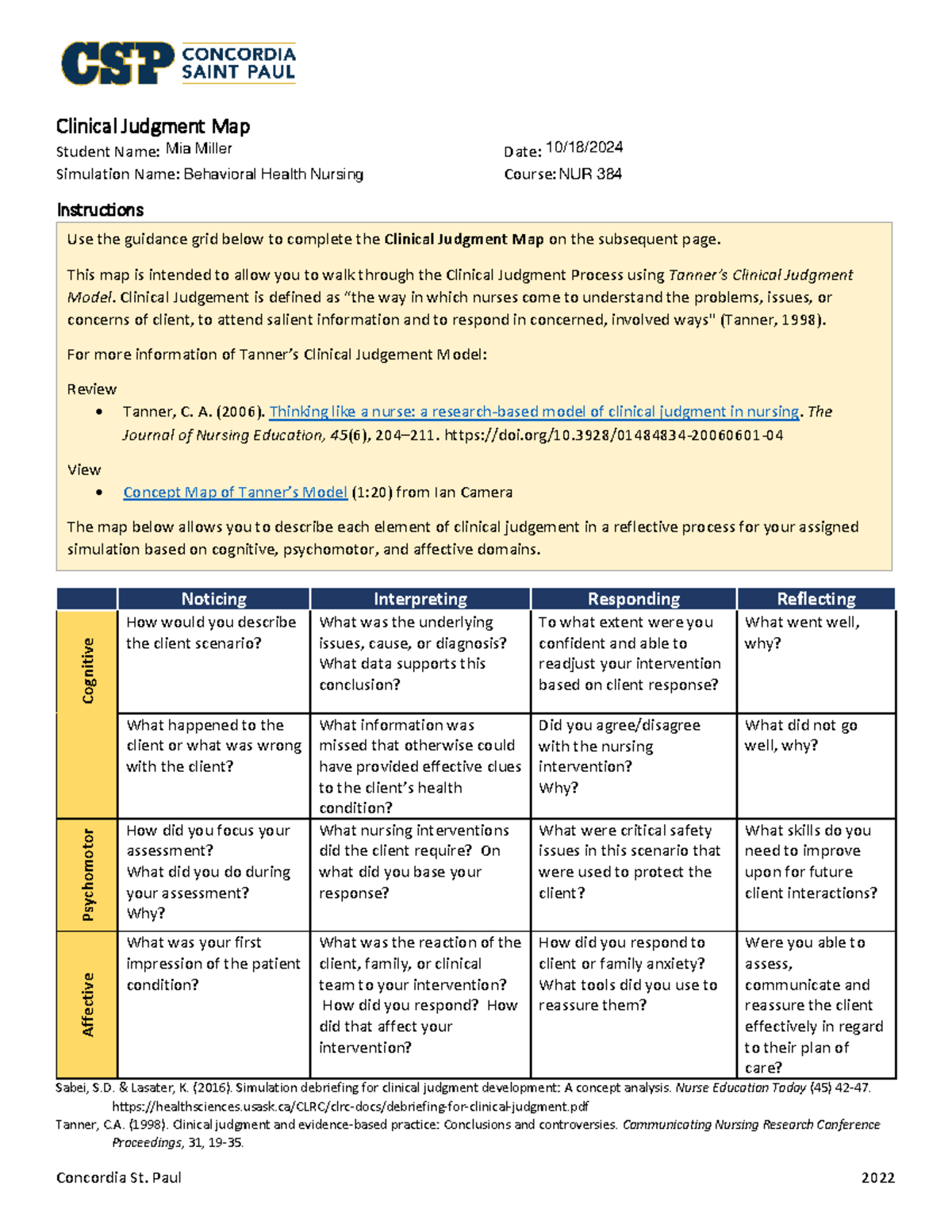 Clinical Judgment Map for 1st SIM 384: Reflective Simulation Guide ...