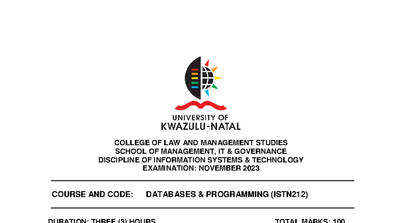 ISTN212 Exam 2023 V2 - Solution - COLLEGE OF LAW AND MANAGEMENT STUDIES ...
