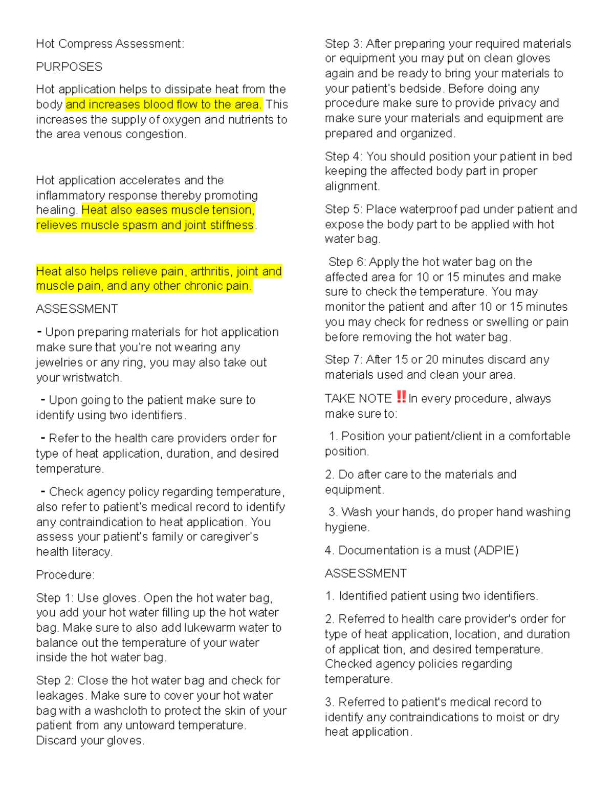 2nd Skills LAB - Hot Compress Assessment: PURPOSES Hot application ...