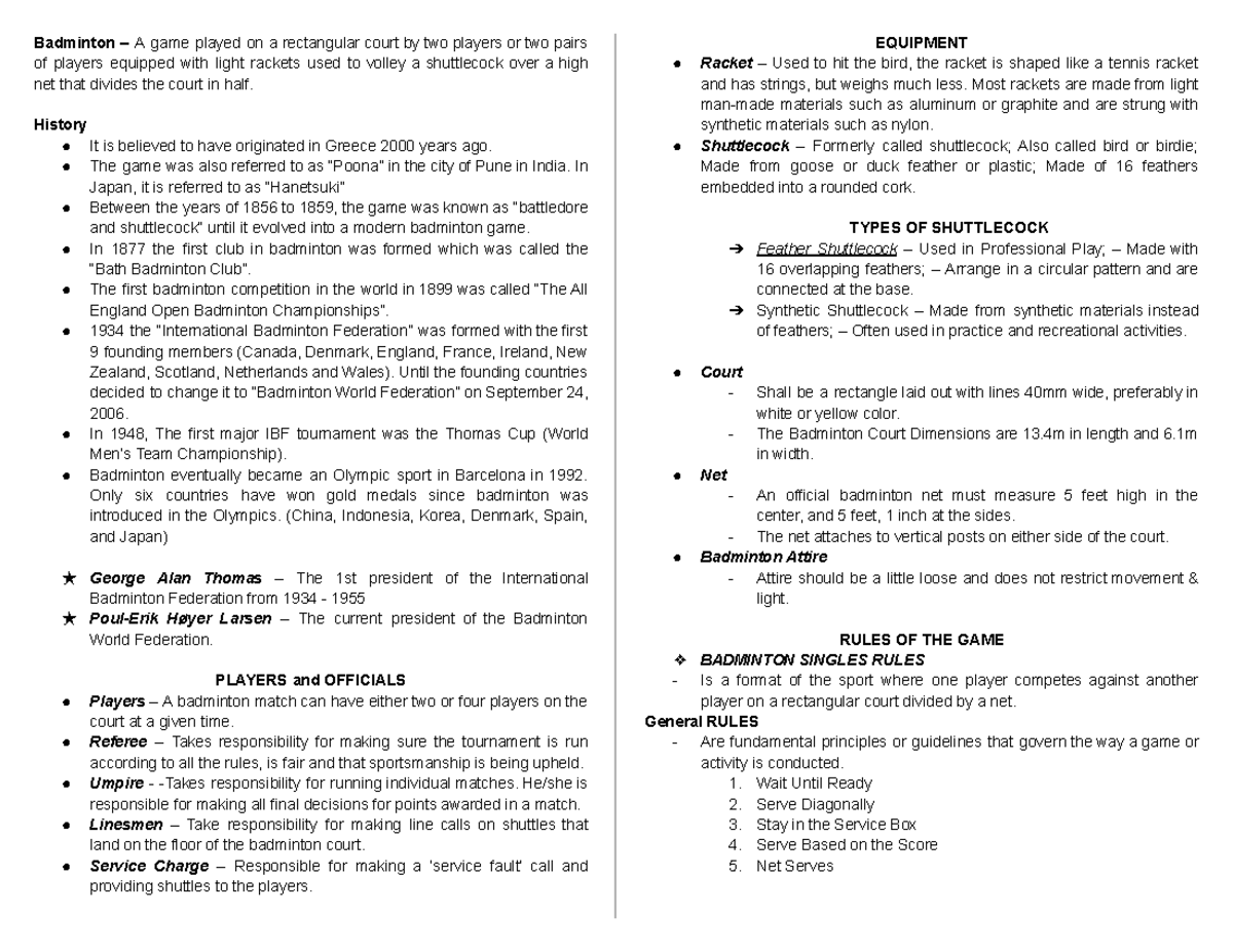 PE - Lecture notes on badminton. - Badminton – A game played on a ...
