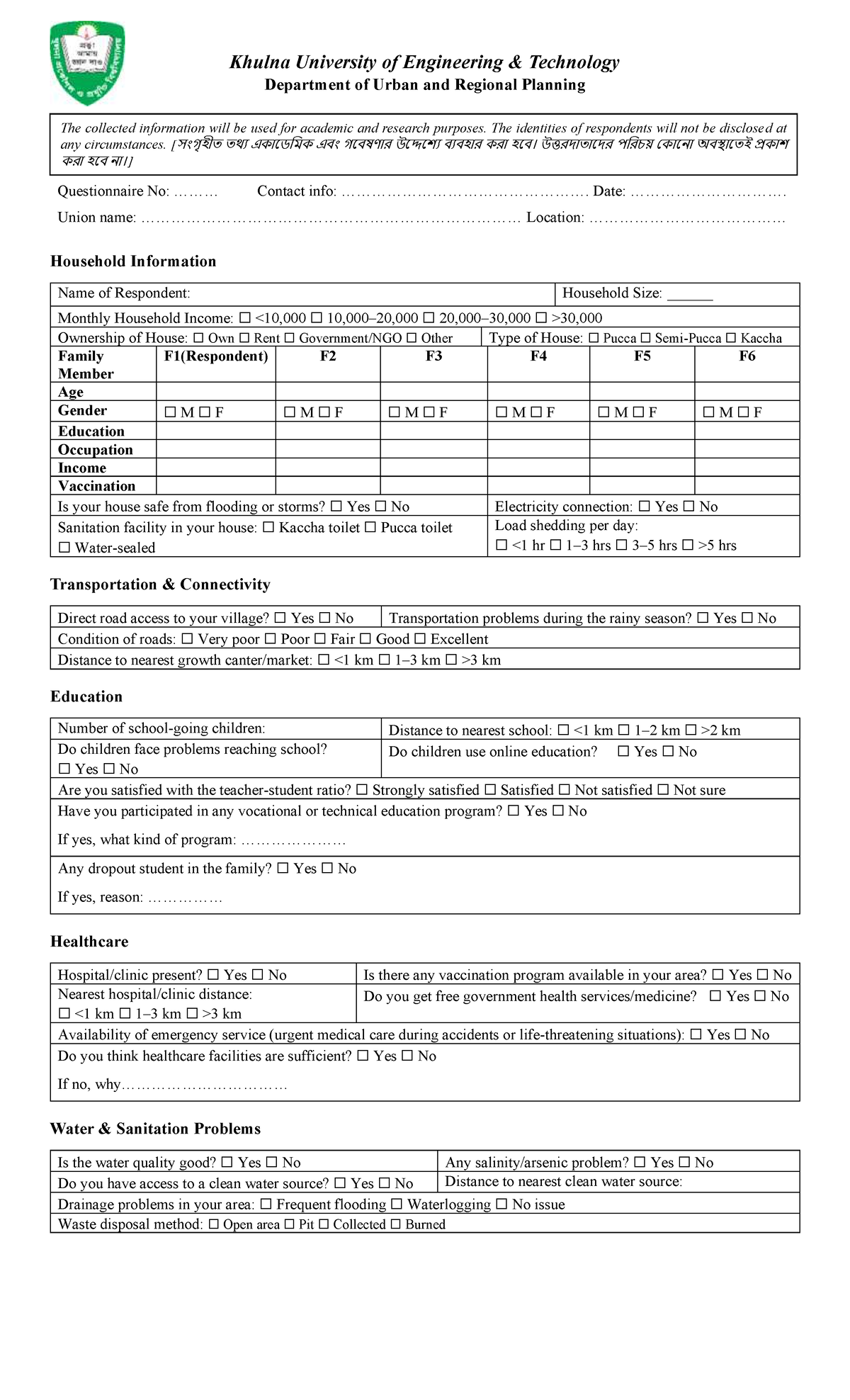 Questionnaire 2K21: Urban & Regional Planning Data Collection - Studocu