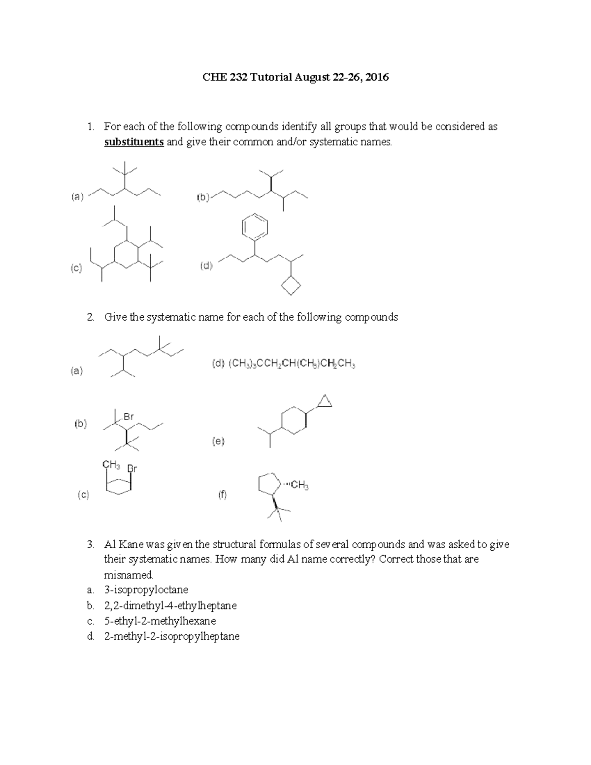CHE 232 Tutorial: Identifying Substituents & Naming Compounds - Studocu