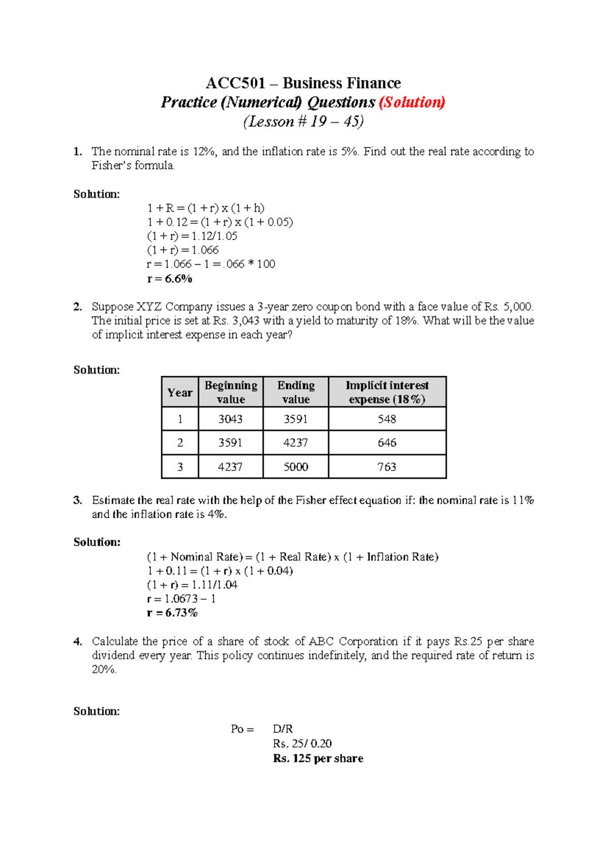 ACC501 Business Finance Practice Questions Solutions (Lesson 19-45 ...