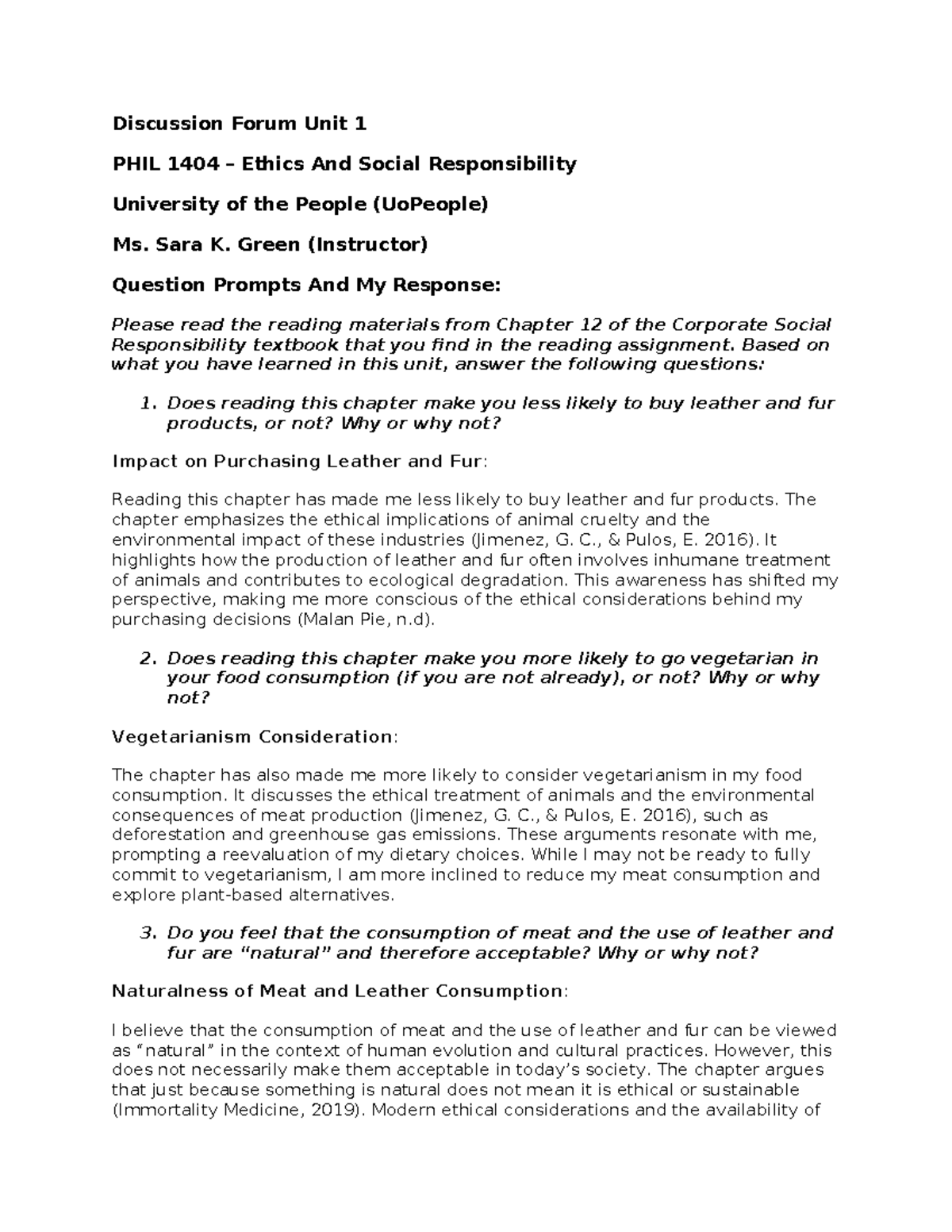 Discussion Forum Unit 1: Ethics & Social Responsibility in PHIL 1404 - Studocu