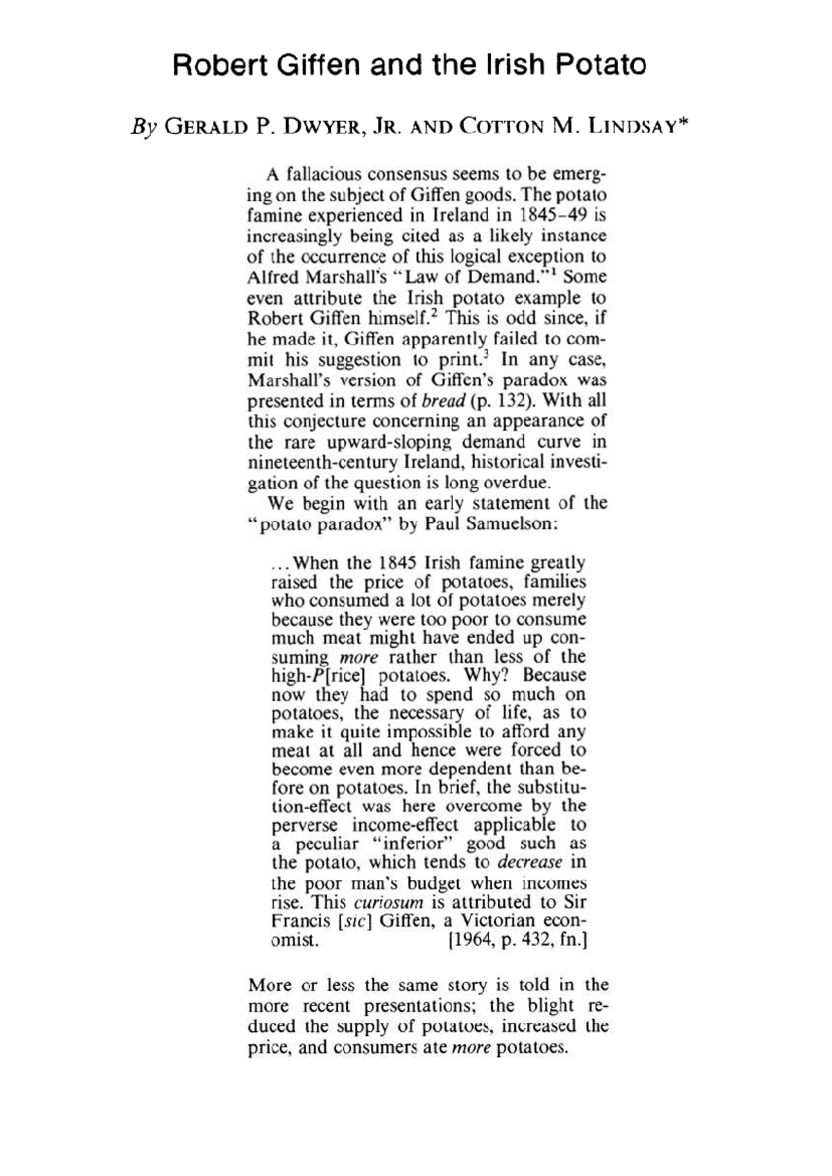 Robert Giffen and the Irish Potato: A Historical Analysis - Studocu
