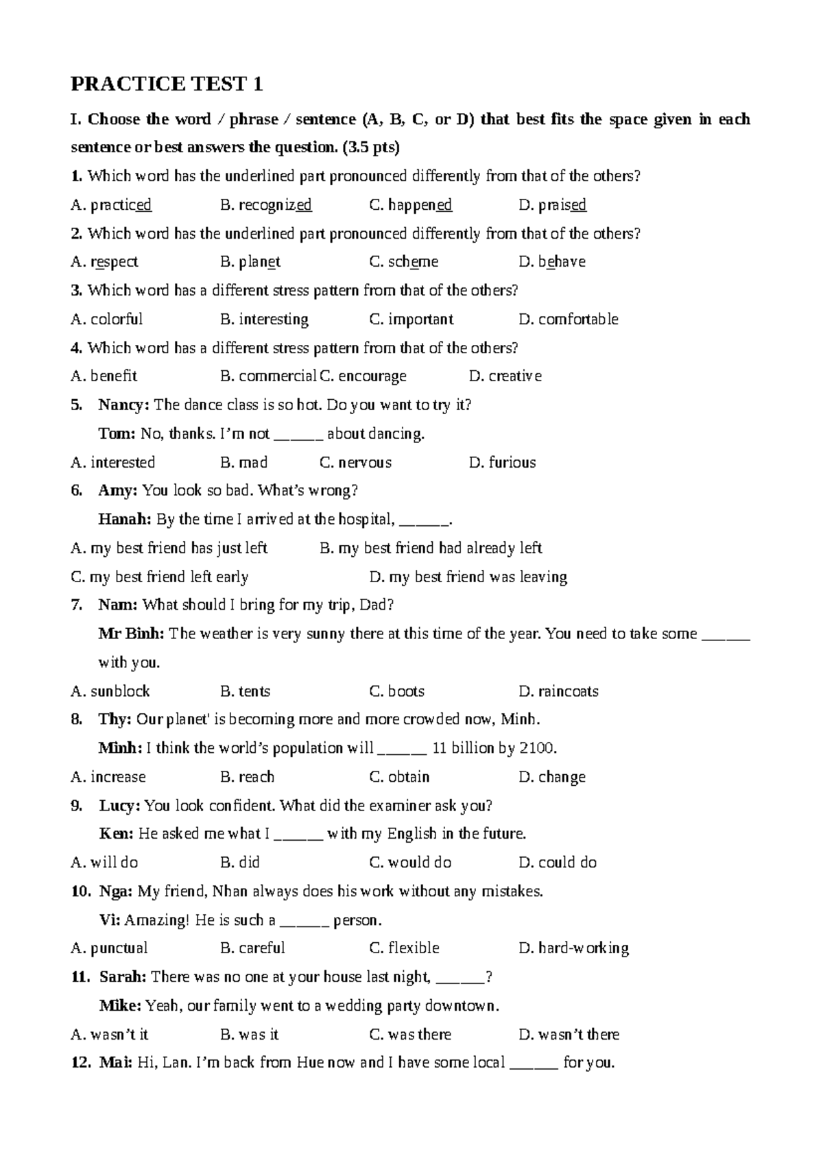 PRACTICE TEST 1: English Exam Questions for Grade 10 (Format 2025 ...
