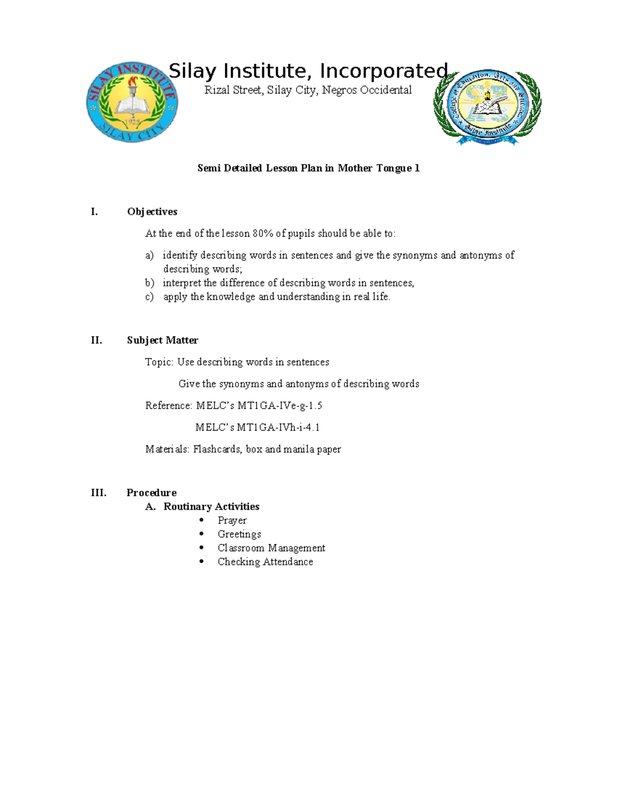 Semi Detailed Lesson Plan: MTB 1 on Describing Words - Studocu