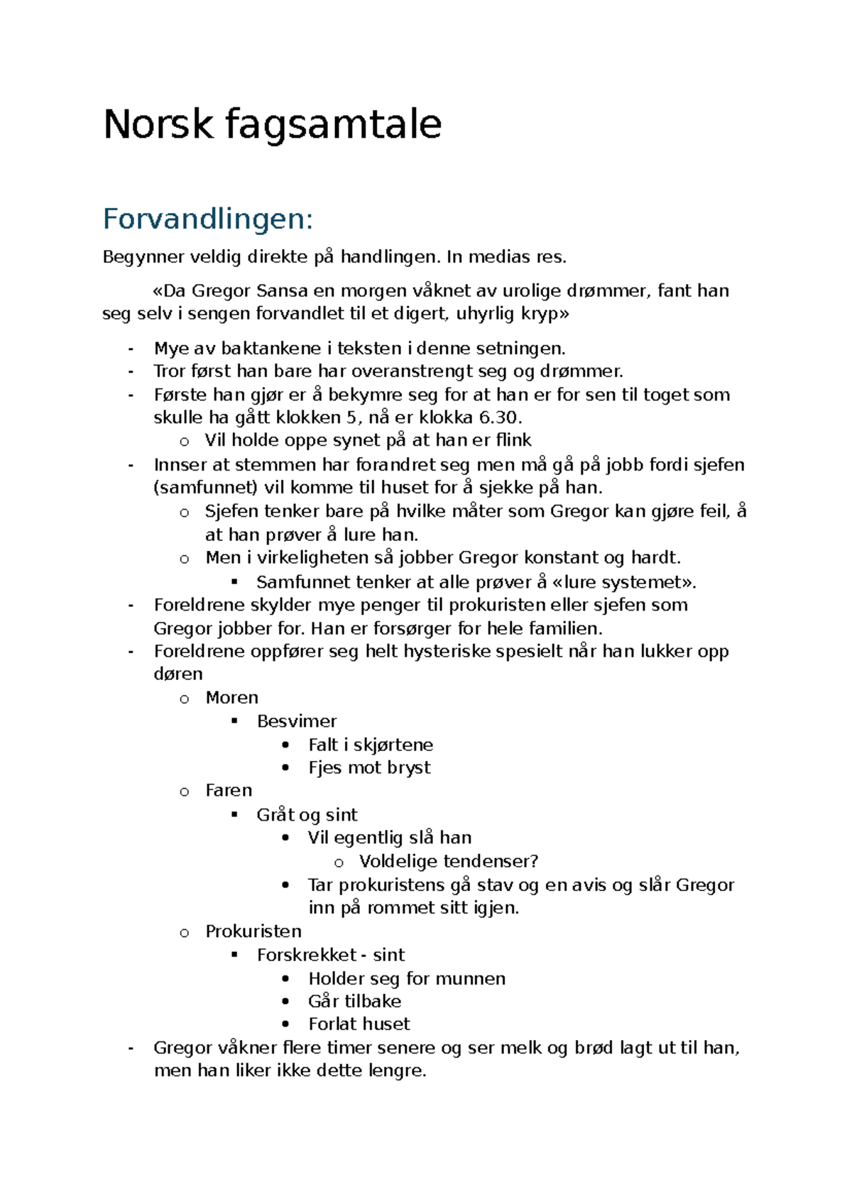 Norsk fagsamtale: Analyse av "Forvandlingen" av Kafka - Studocu