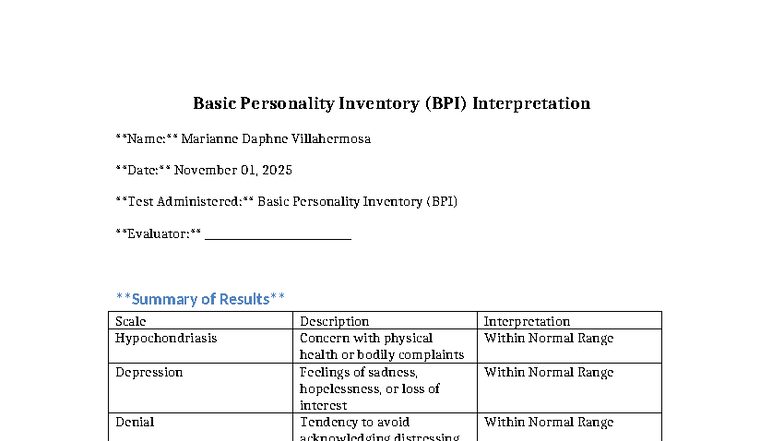 BPI Full Interpretation Report: Understanding Your Personality Profile - Studocu