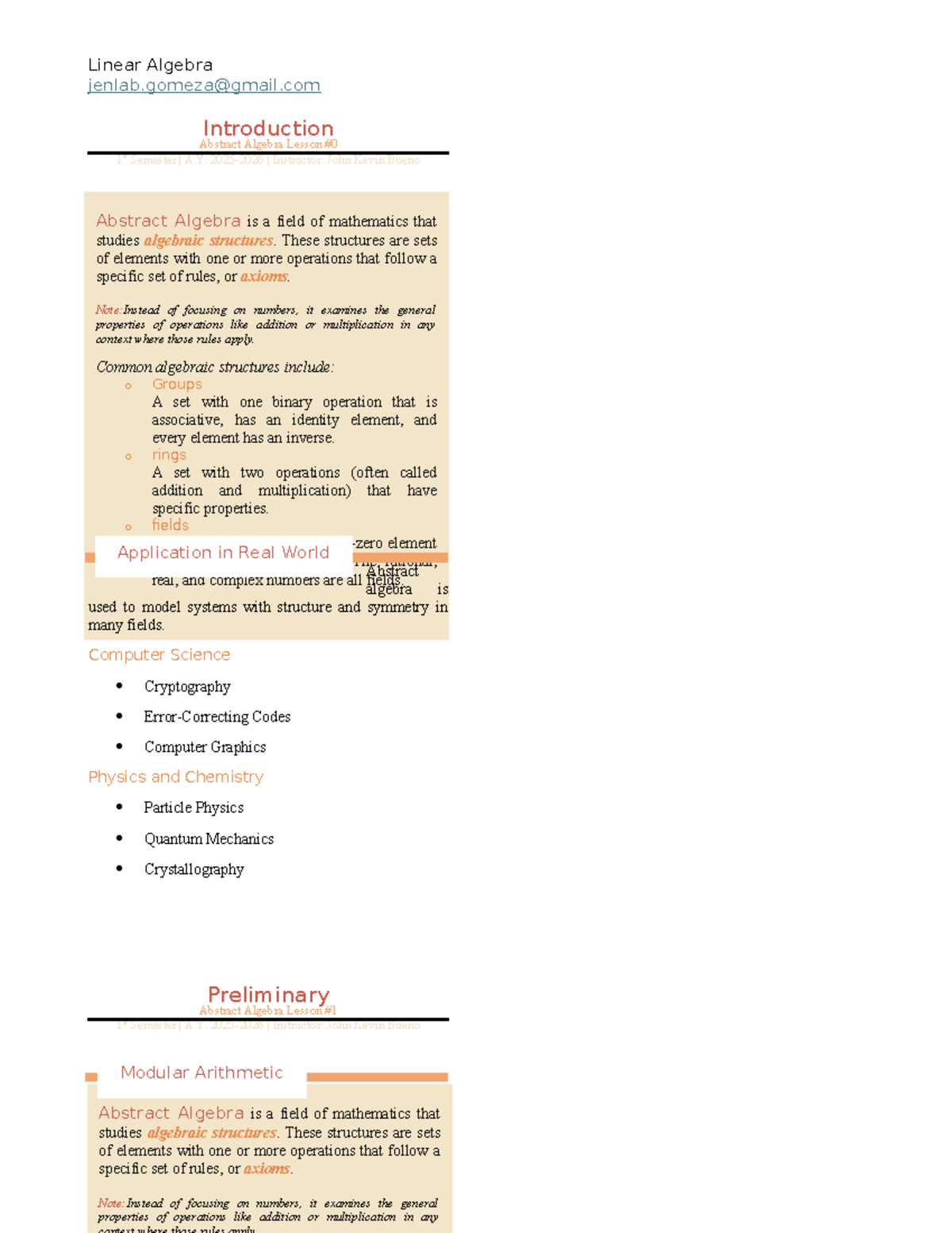 Abstract Algebra Lesson Notes - 1st Sem A.Y. by J.K. Bueno - Studocu