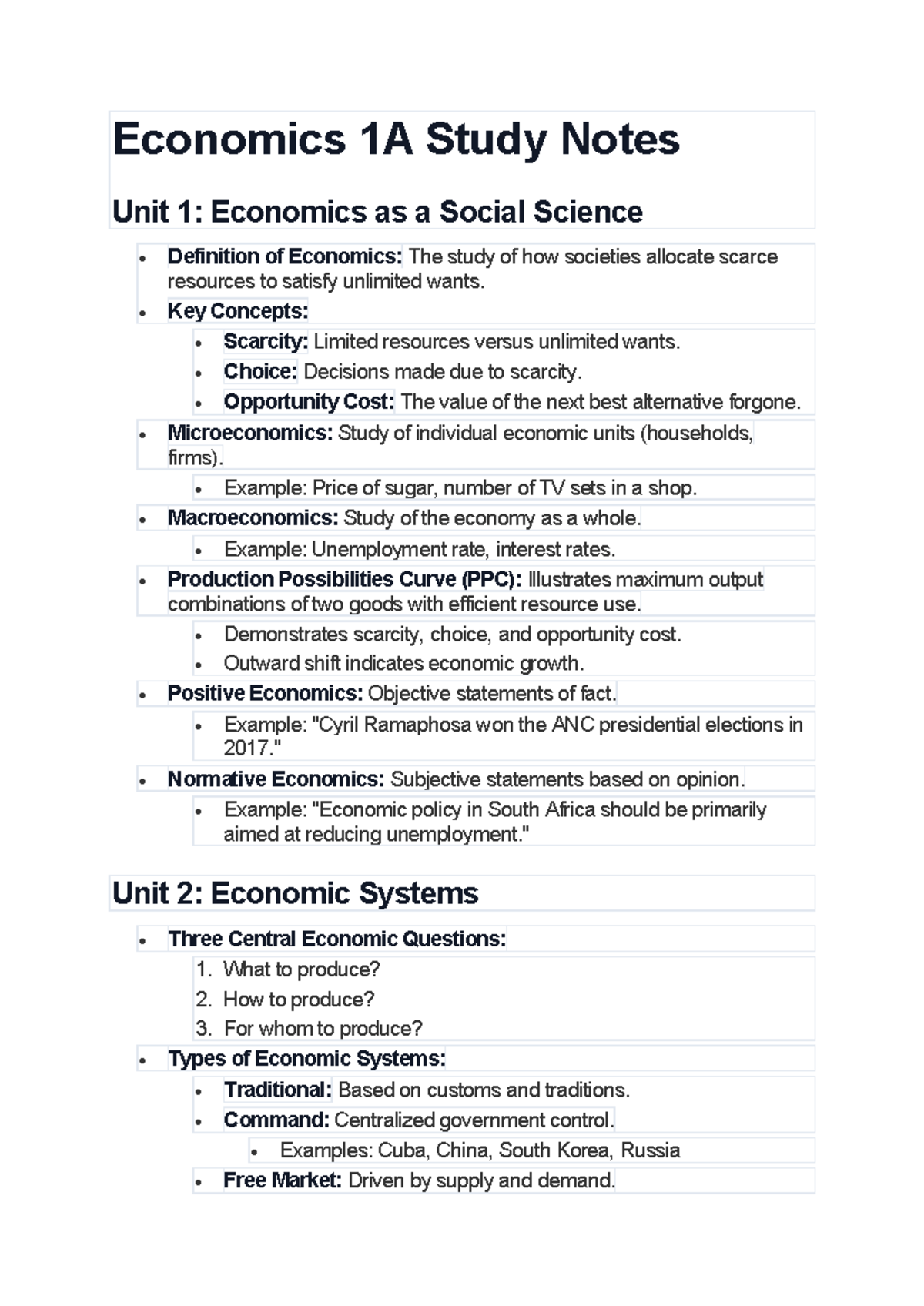 Economics 1A Study Notes: Key Concepts and Economic Systems Overview ...