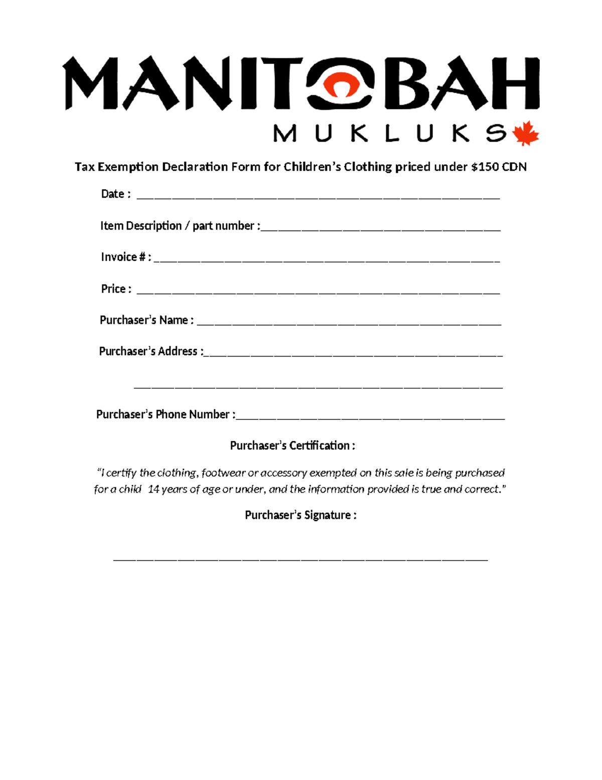 Child Item PST Tax Exemption Declaration Form - Tax Exemption ...