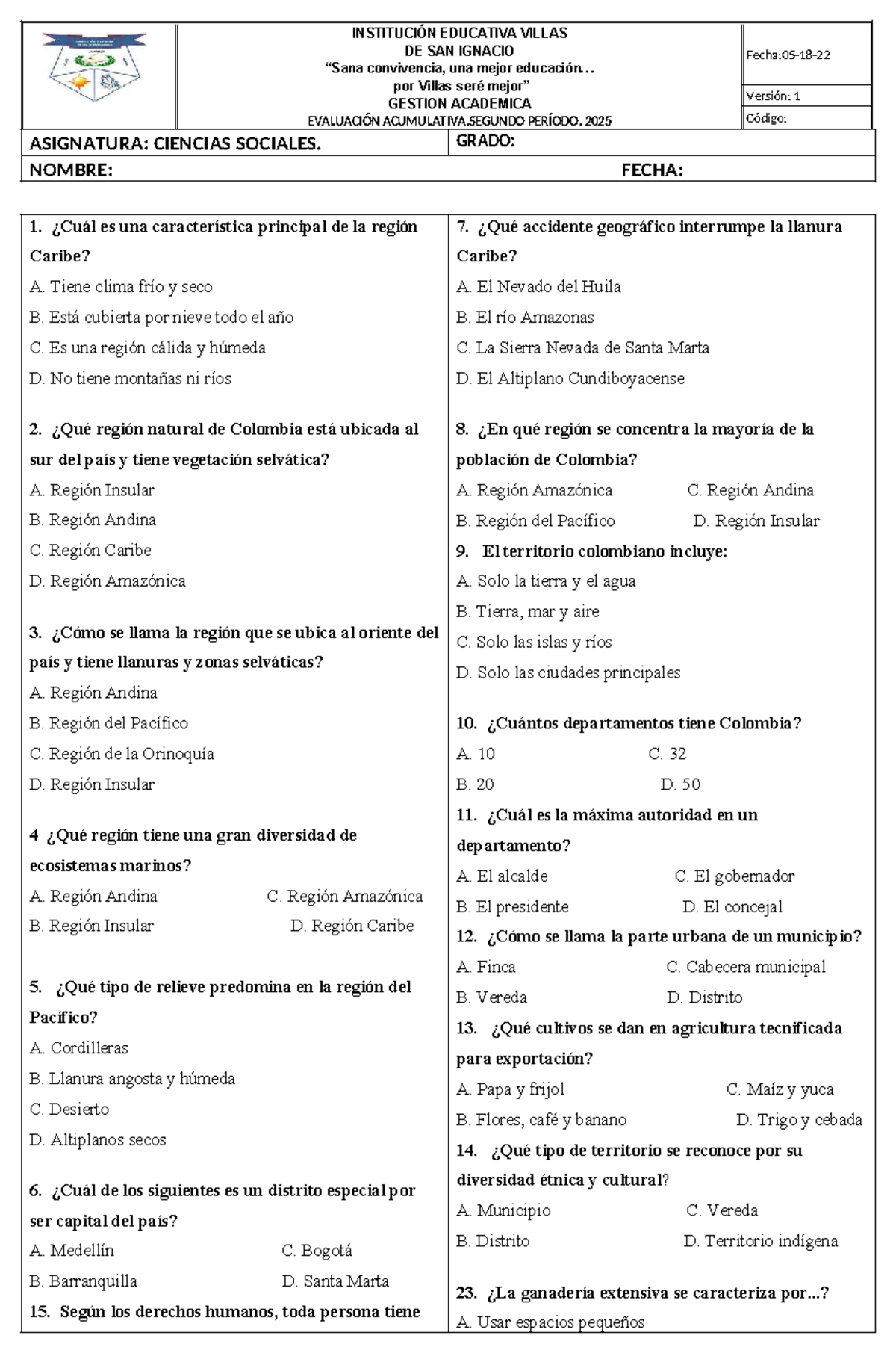 Evaluación Acumulativa de Ciencias Sociales 2P - 4TO Grado 2025 - Studocu