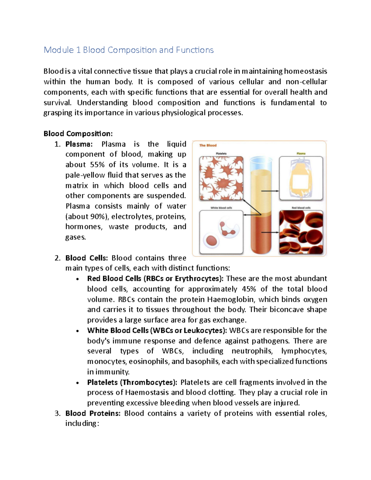 Module 1: Blood Composition & Functions Overview and Importance - Studocu