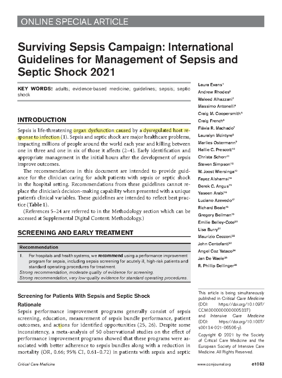 Surviving Sepsis Campaign 2021: International Guidelines for Sepsis ...