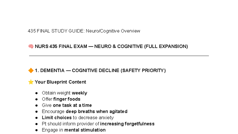 435 NURS 435 FINAL EXAM STUDY GUIDE: Neuro Cognitive Overview - Studocu