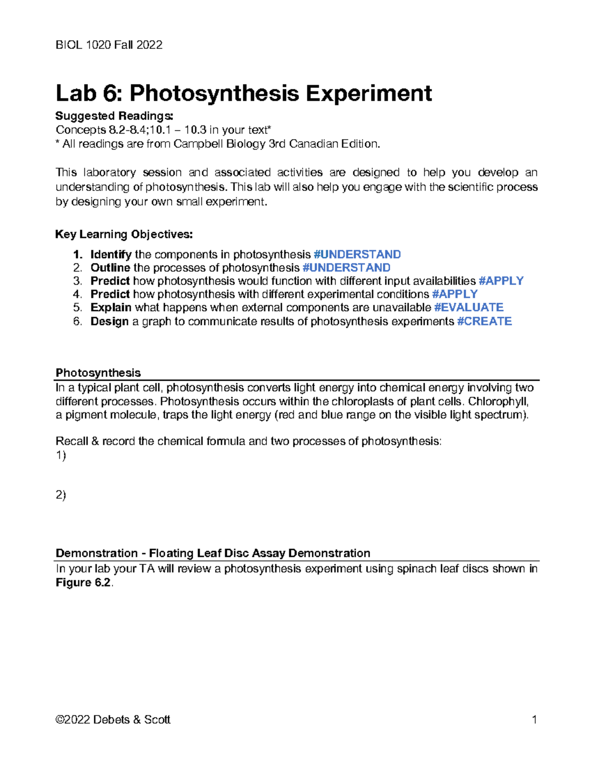 BIOL 1020 Lab 6: Exploring the Photosynthesis Process - Studocu