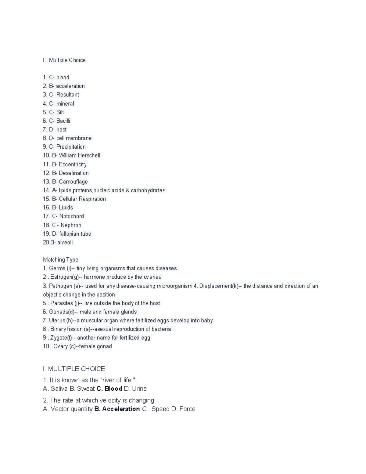 Biology Quiz: Multiple Choice & Matching Questions (268447726) - Studocu