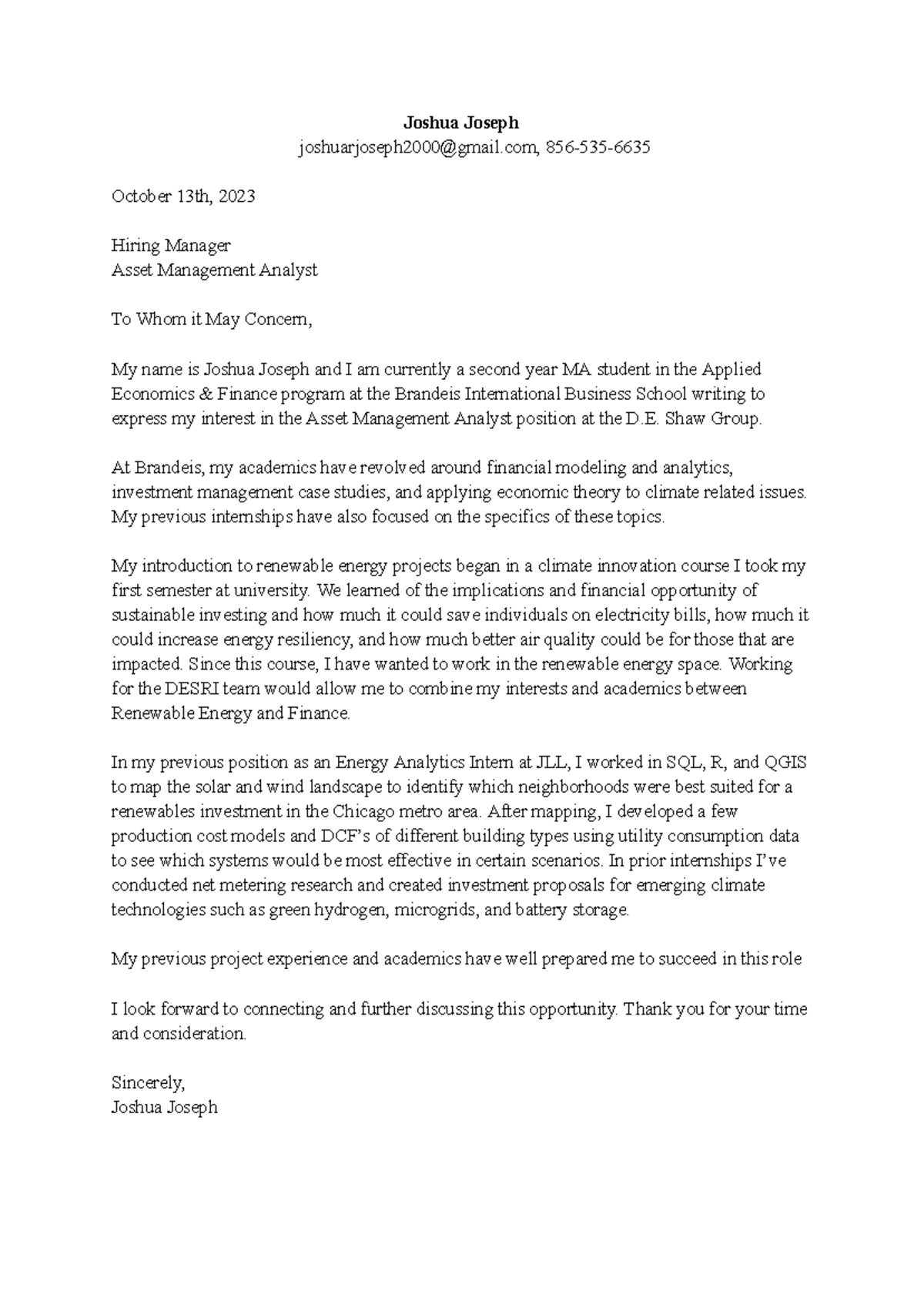 D.E. Shaw Group Asset Management Analyst Cover Letter - Joshua Joseph ...