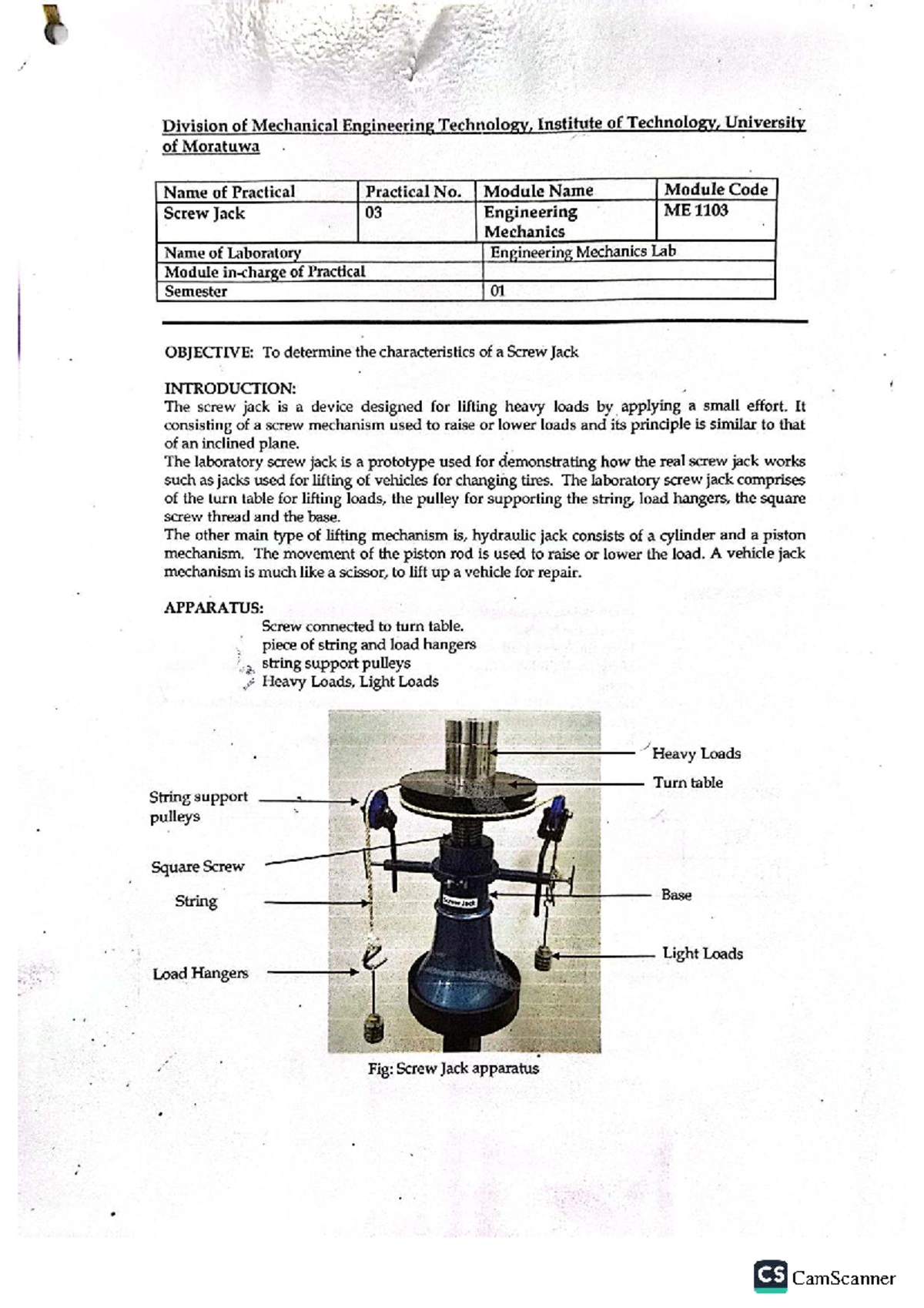 Screw Jack Experiment Report - ME 1103 Engineering Mechanics Lab - Studocu