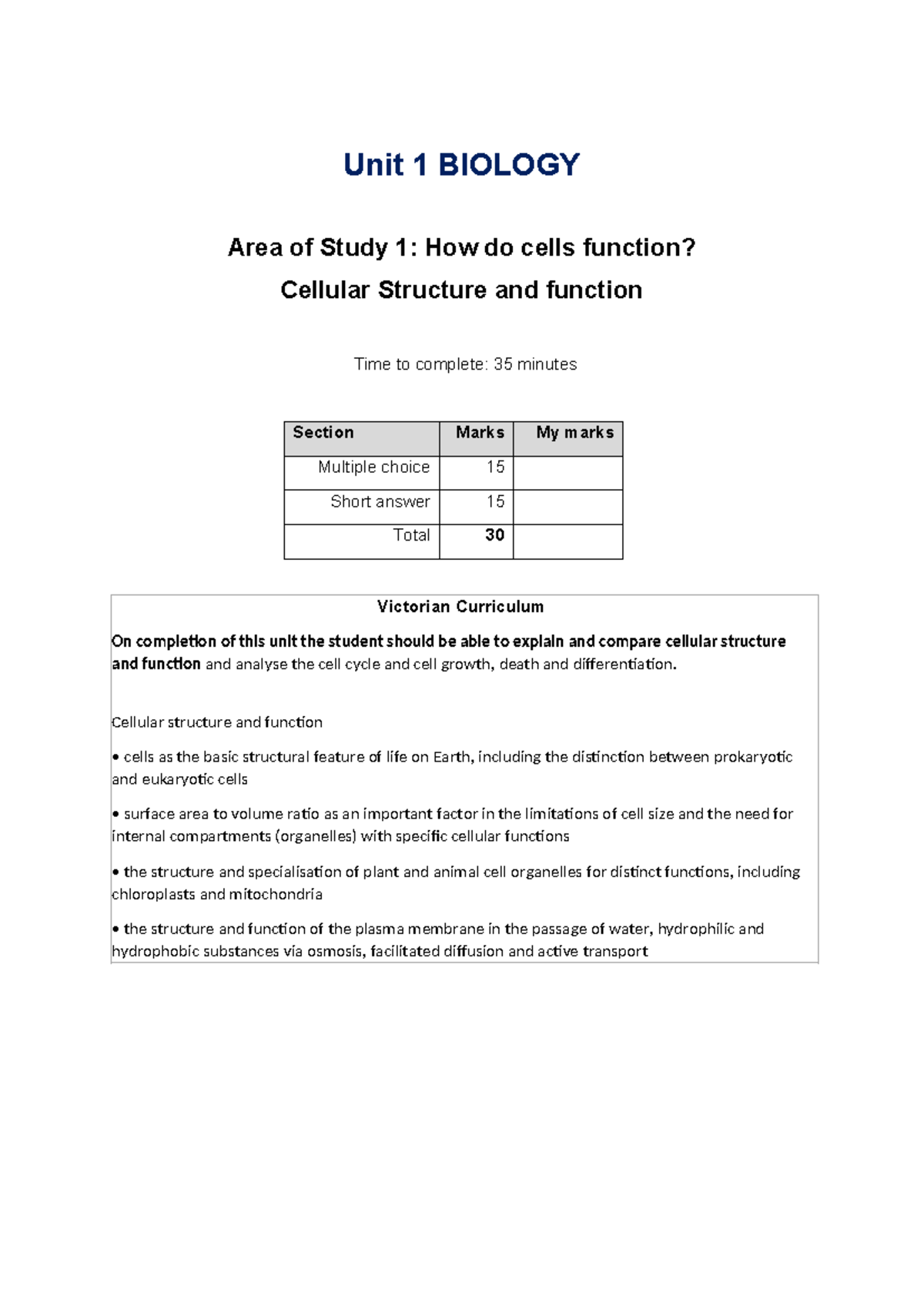 2022 BIOLOGY AoS 1 - Test on Cellular Structure & Function - Studocu