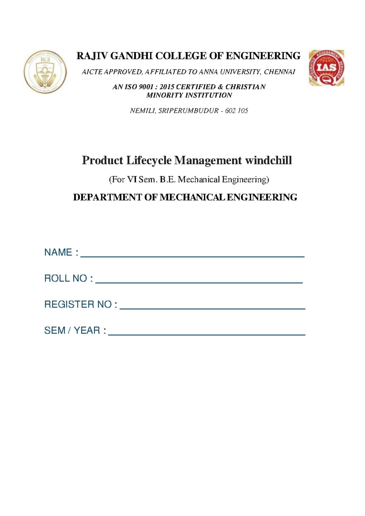 VI Sem B.E. Mechanical Engineering: Product Lifecycle Management Report ...