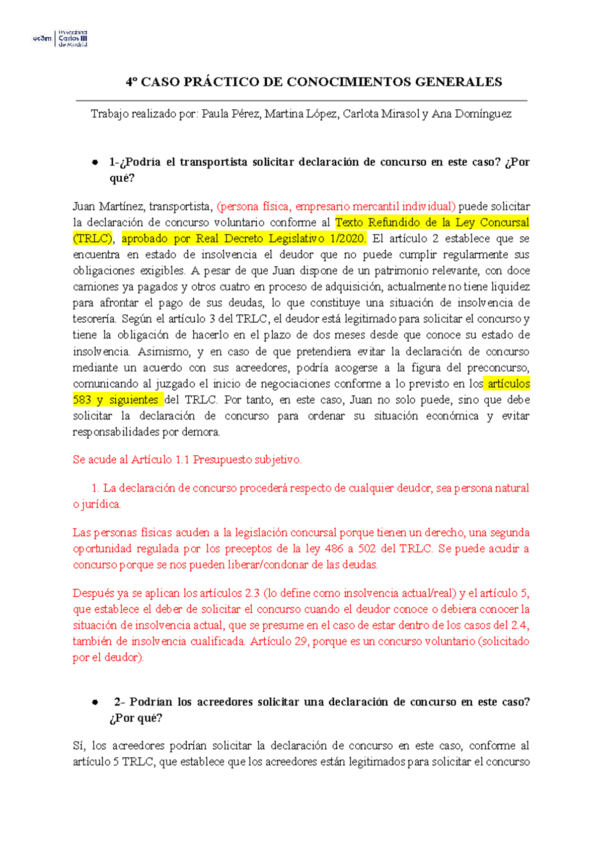 CASO PRÁCTICO 4 DM - Análisis de Insolvencia y Concurso Voluntario ...