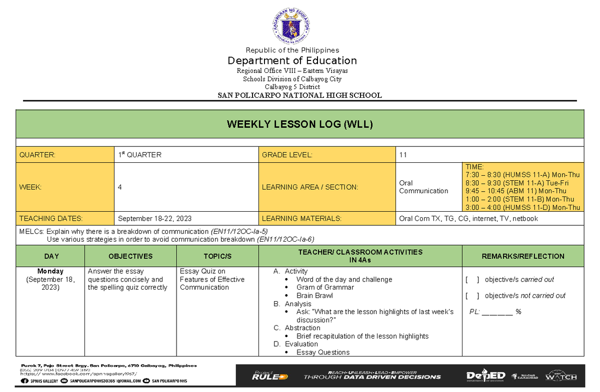 Weekly Lesson Log (WLL) for Oral Communication (Grade 11) Sept 18-22 ...