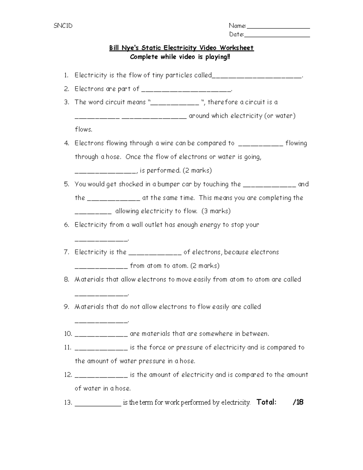 SNC1D Bill Nye Static Electricity Video Worksheet Answers - Studocu