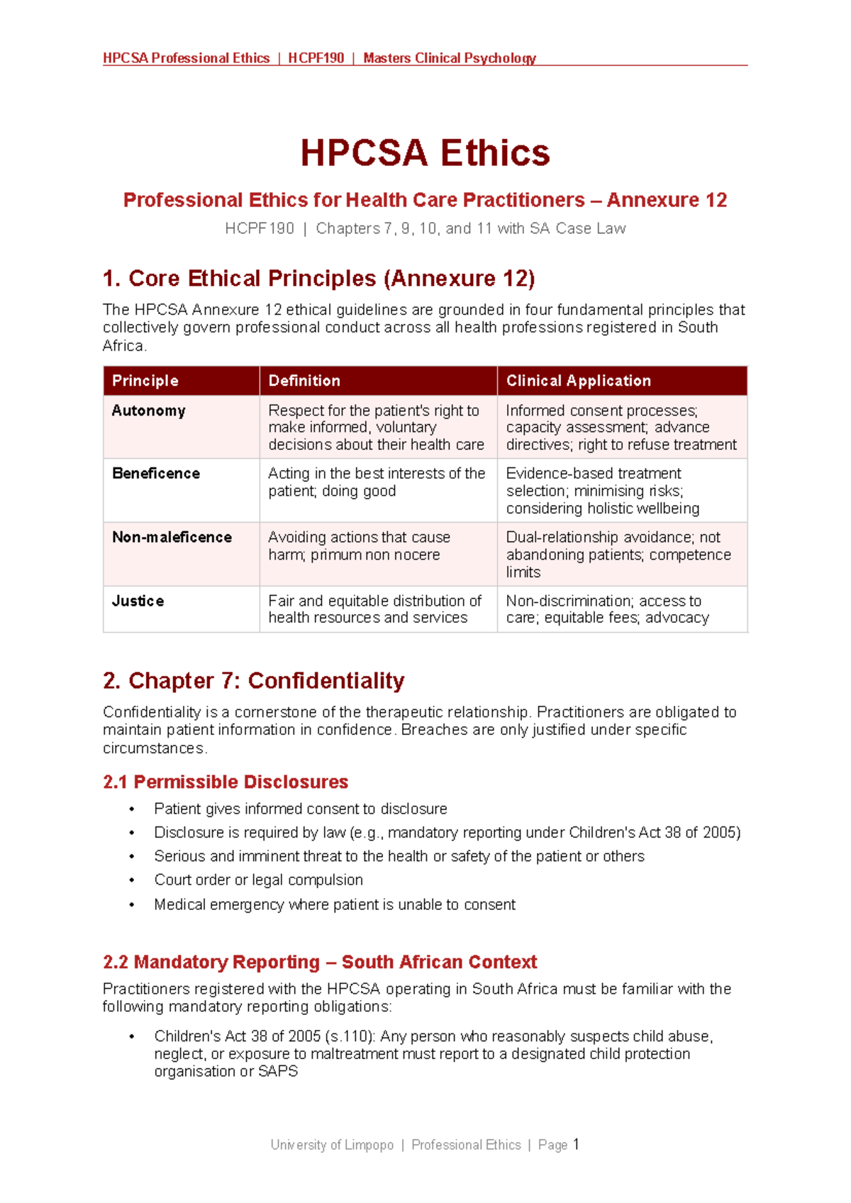 HPCSA Ethics Study Notes HCPF190: Key Principles & Case Law - Studocu