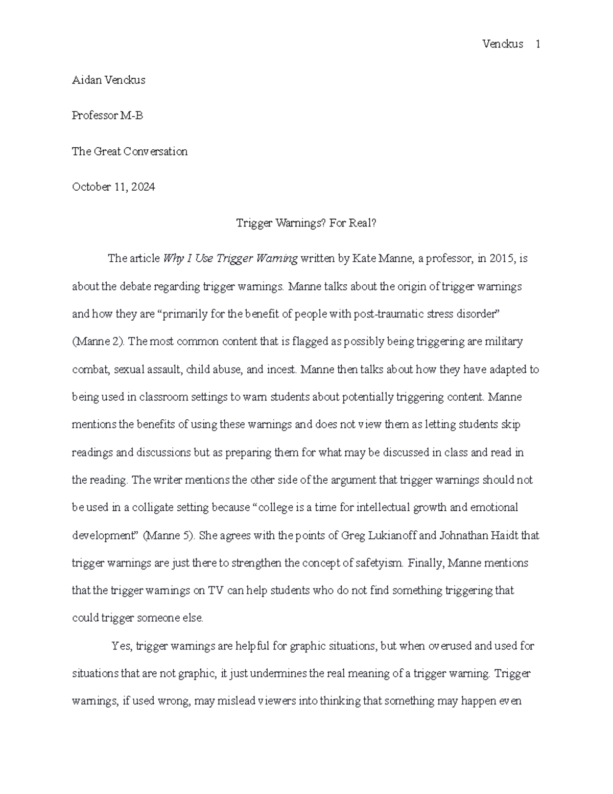 The Great Conversation: Analyzing Trigger Warnings in Academia - Studocu