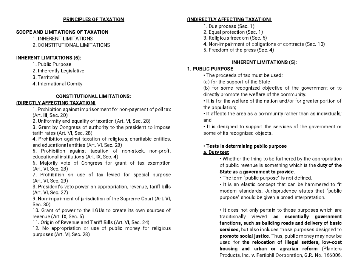Inherent and Constitutional Limitations in Taxation Laws (LAW 101 ...