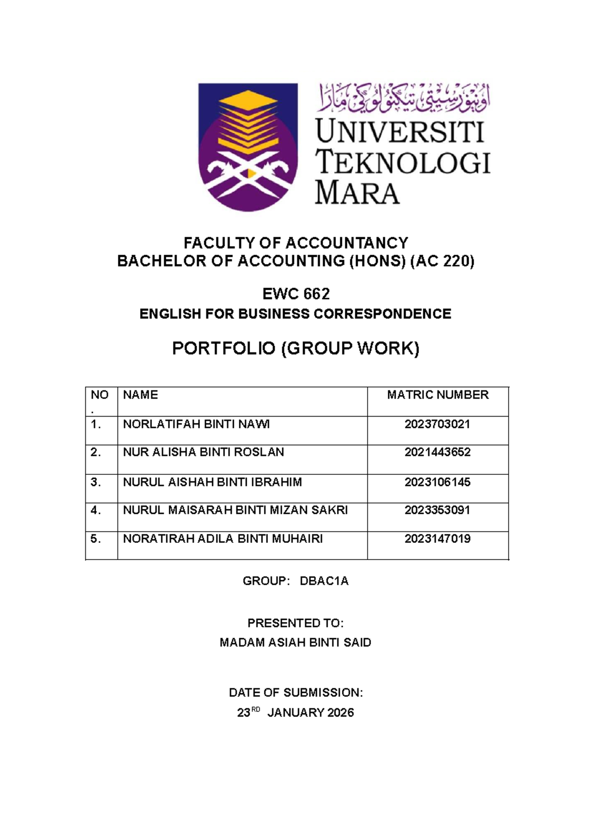 Group Work Portfolio for EWC 662: English for Business Correspondence ...