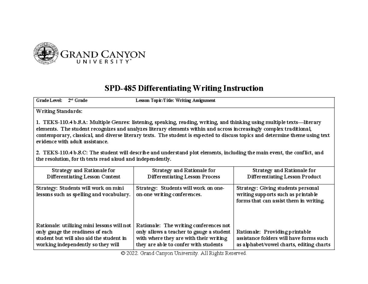 SPD-485 Writing Assignment: Differentiating Instruction for 2nd Grade ...