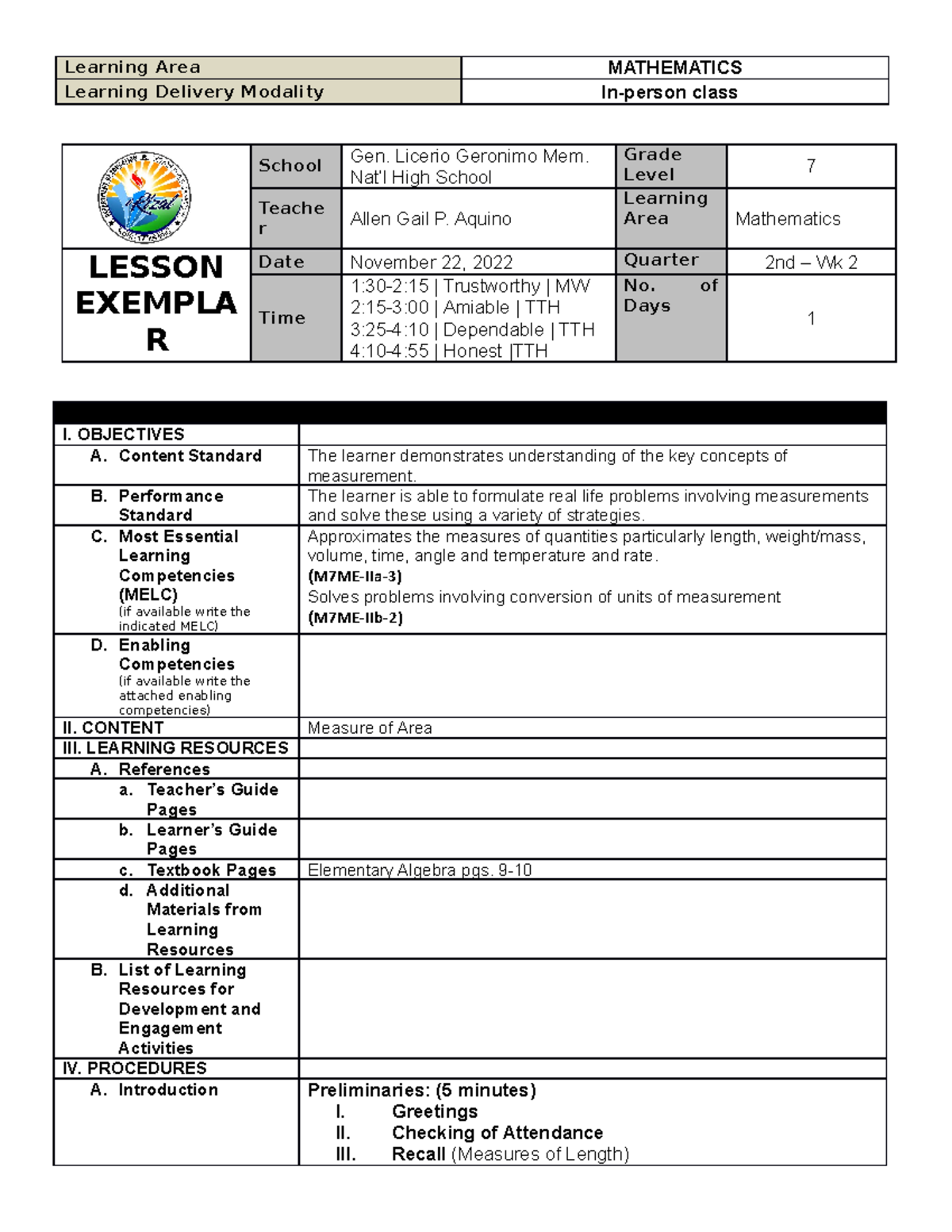 LE-Measure of Area - Lesson Plan about G7 Mathematics Measure of Area ...