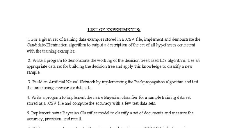 B.Tech 4th Sem ML LAB: List of Experiments for Data Science - Studocu