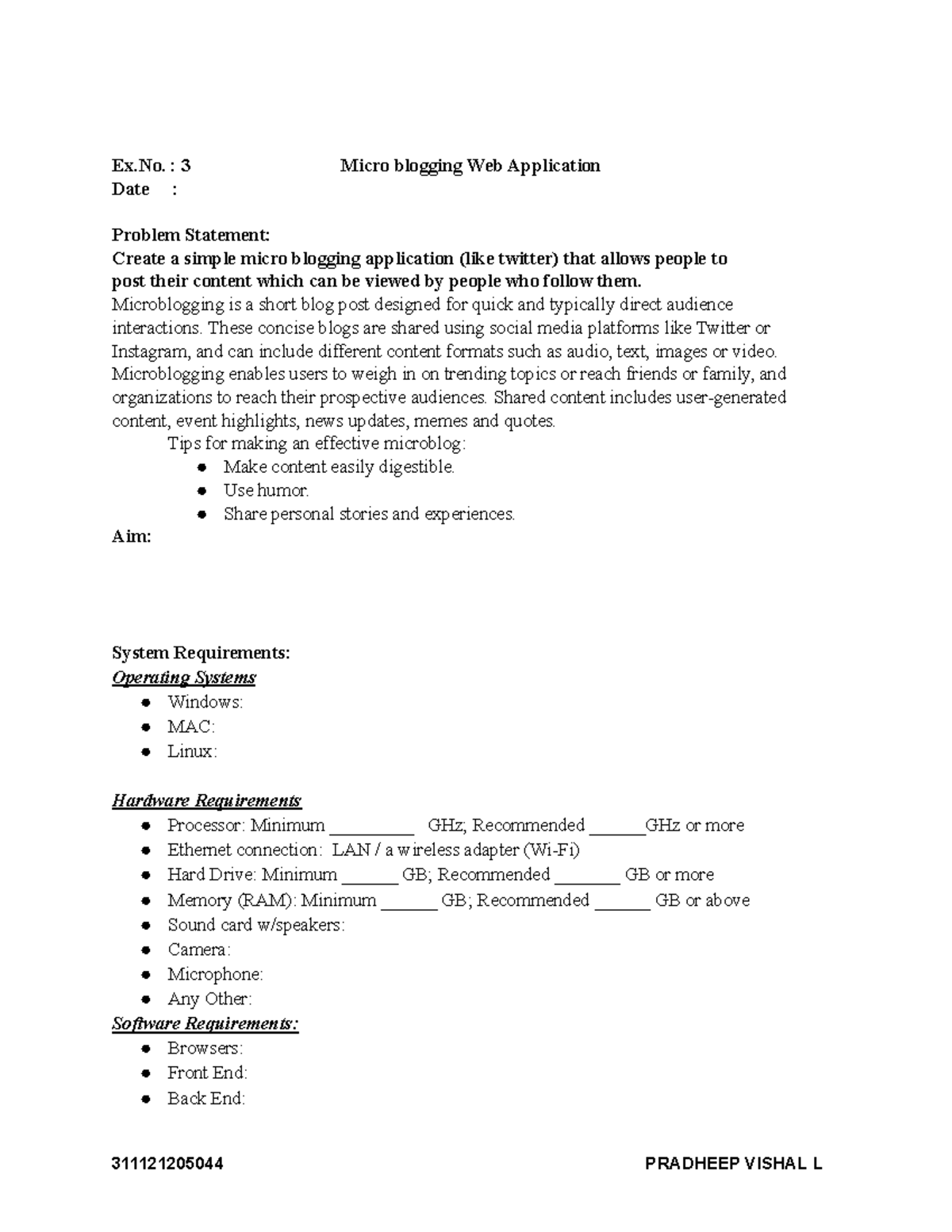 Microblogging Web Application Development (EX NO 3) - Studocu