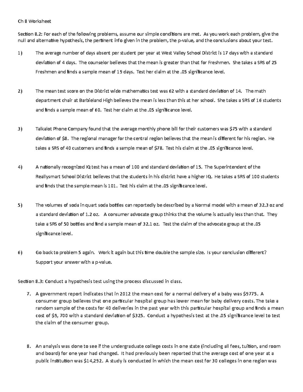 Ch 8 Hypothesis Testing Worksheet (MATH 101) - Studocu