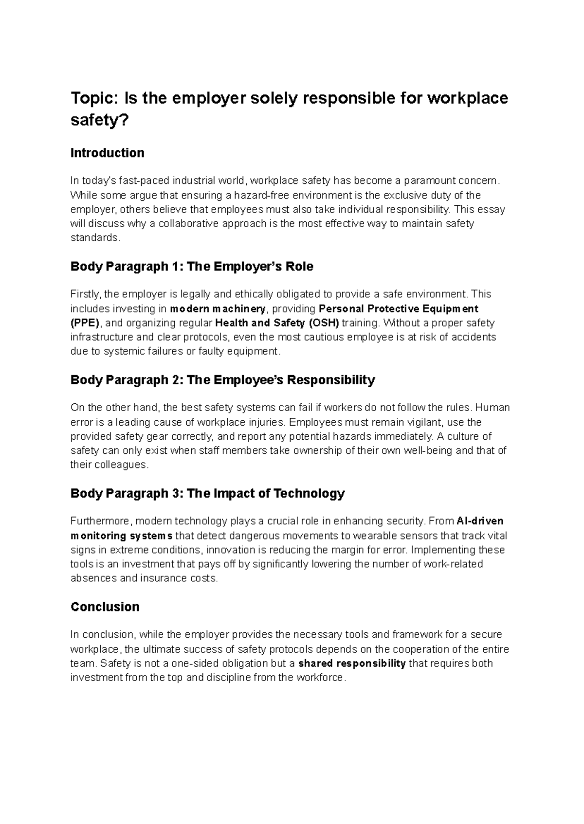 Essay on Employer and Employee Responsibilities in Workplace Safety ...