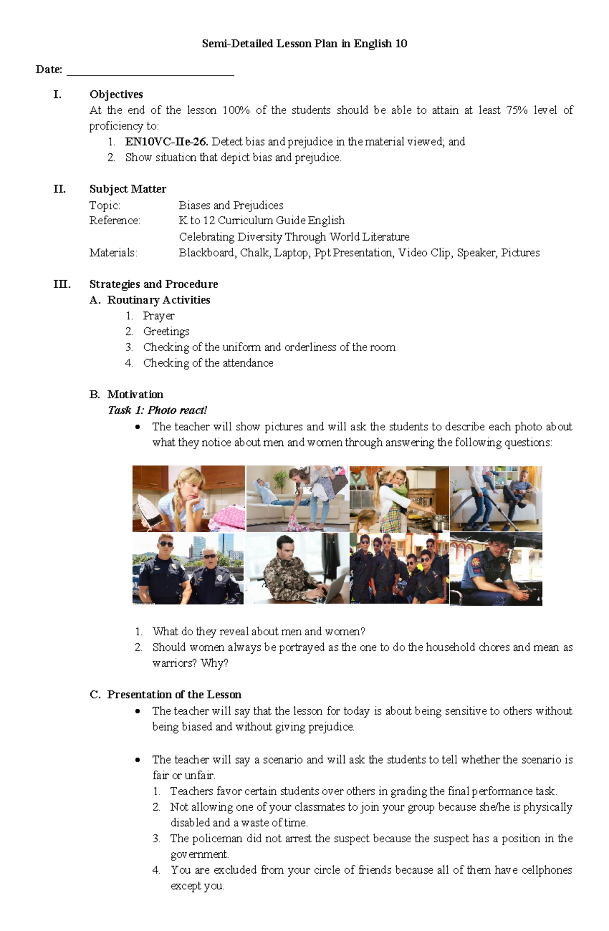 Semi-Detailed Lesson Plan: Detecting Bias & Prejudice in English 10 ...