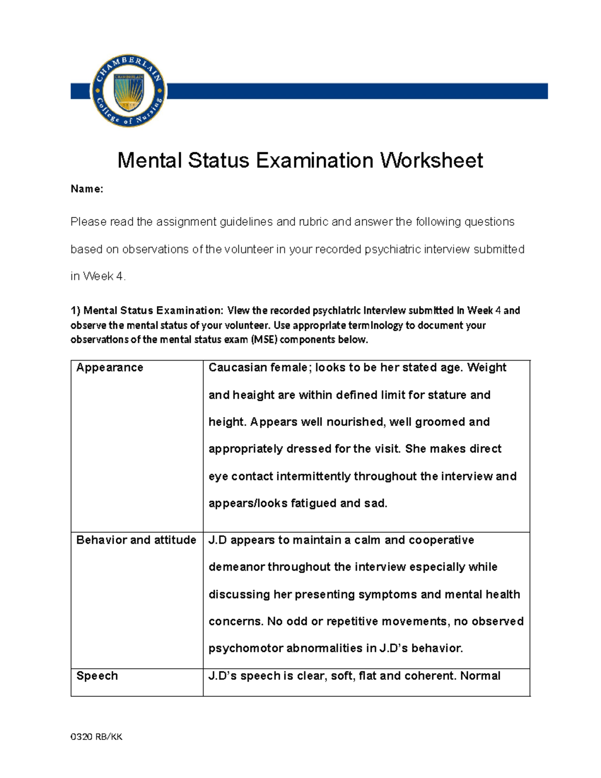NR548 MSE Week 5: Mental Status Exam Worksheet and Guidelines - Studocu