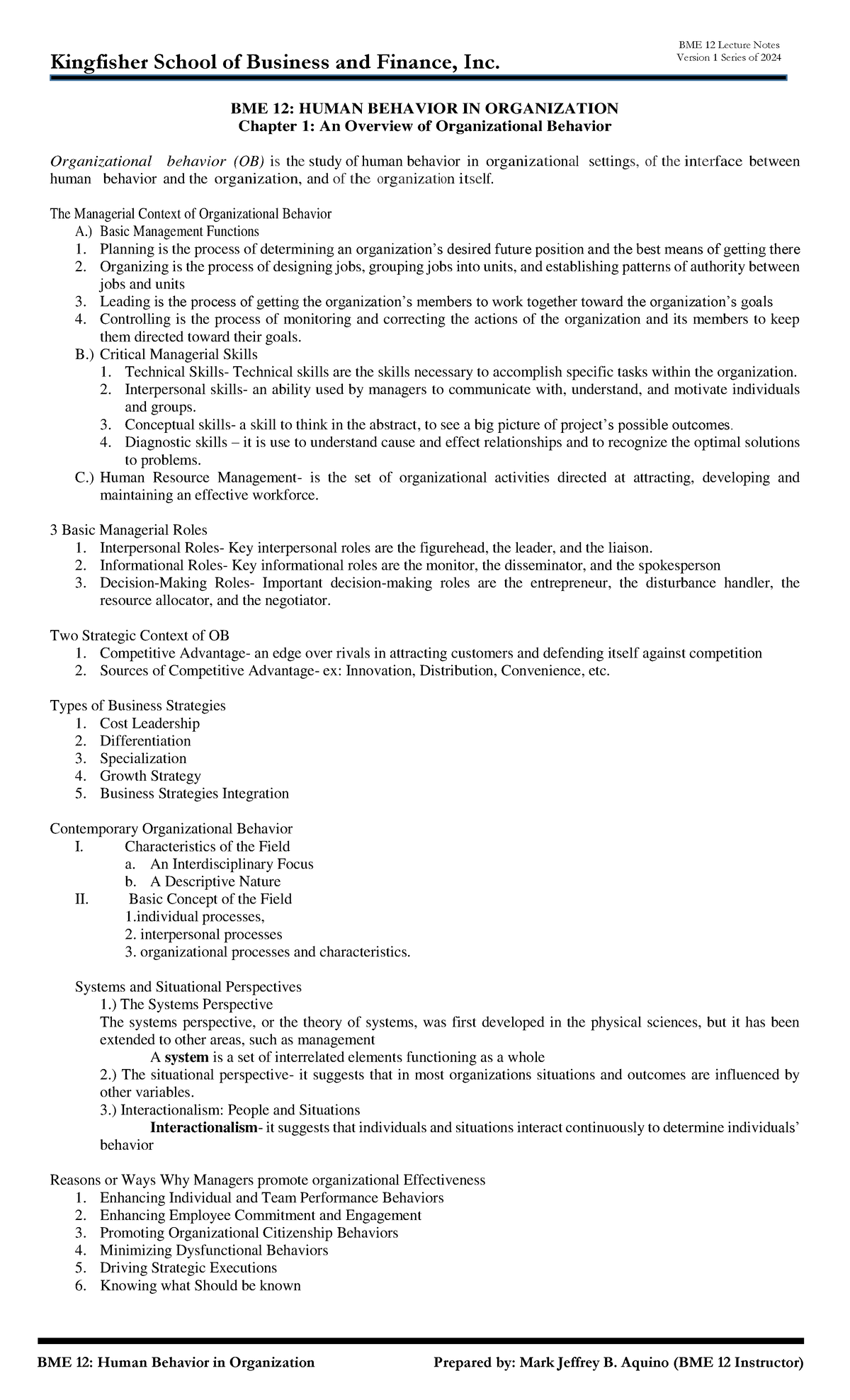 BME-12-CH1 - Organizational Behavior Overview and Managerial Roles ...